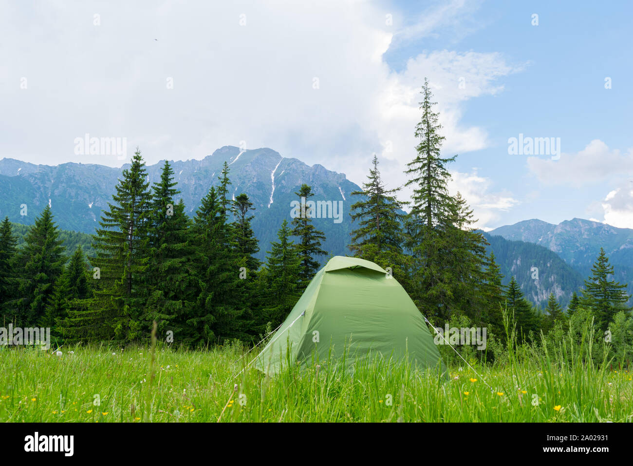 one green tent installed in the wild mountain scenery Stock Photo - Alamy
