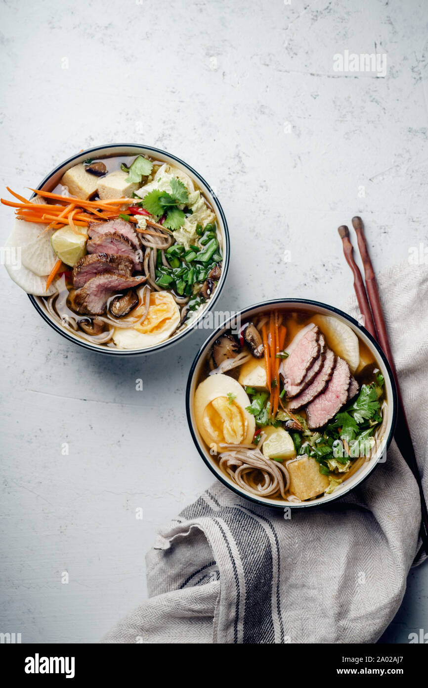 Miso ramen with roasted beef, shiitake mushrooms, fried tofu, leek and ...