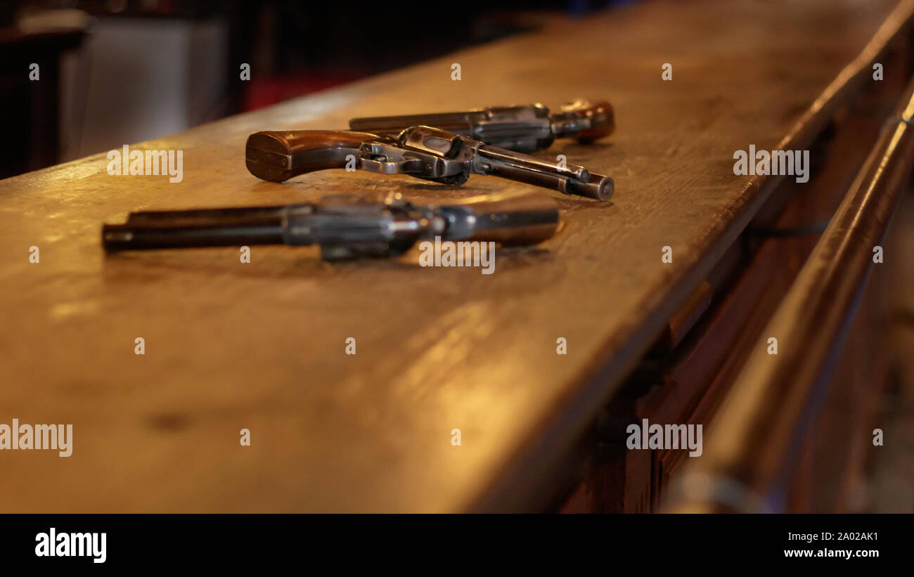 Cowboy guns on a film set in Fort Bravo Spain Stock Photo - Alamy