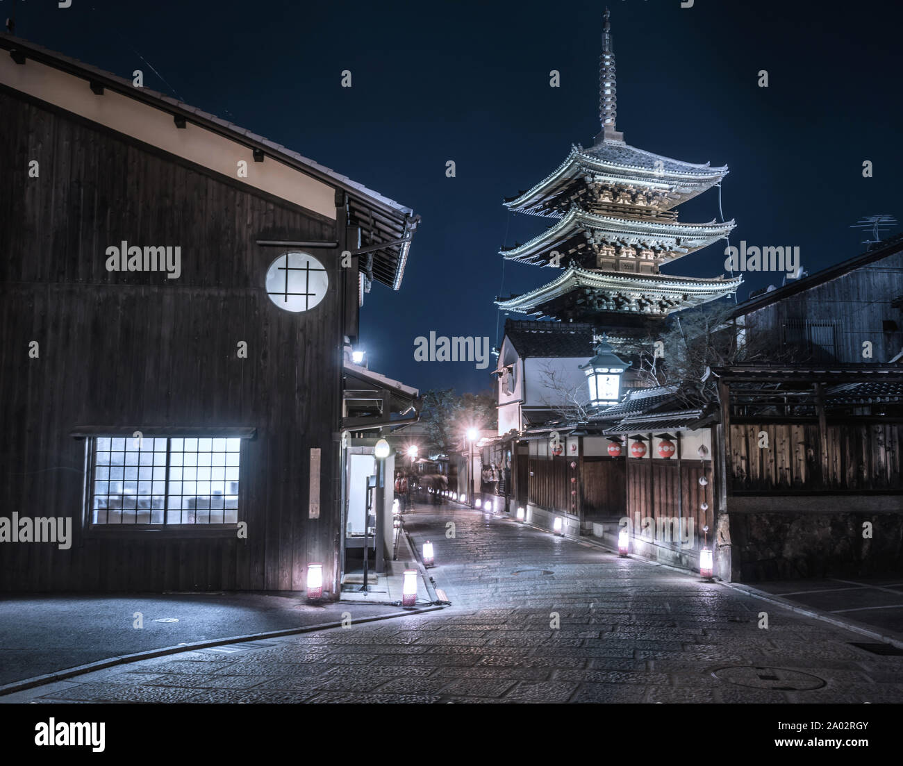 View of an empty street at night near Hokanji Temple (Yasaka Pagoda) in ...