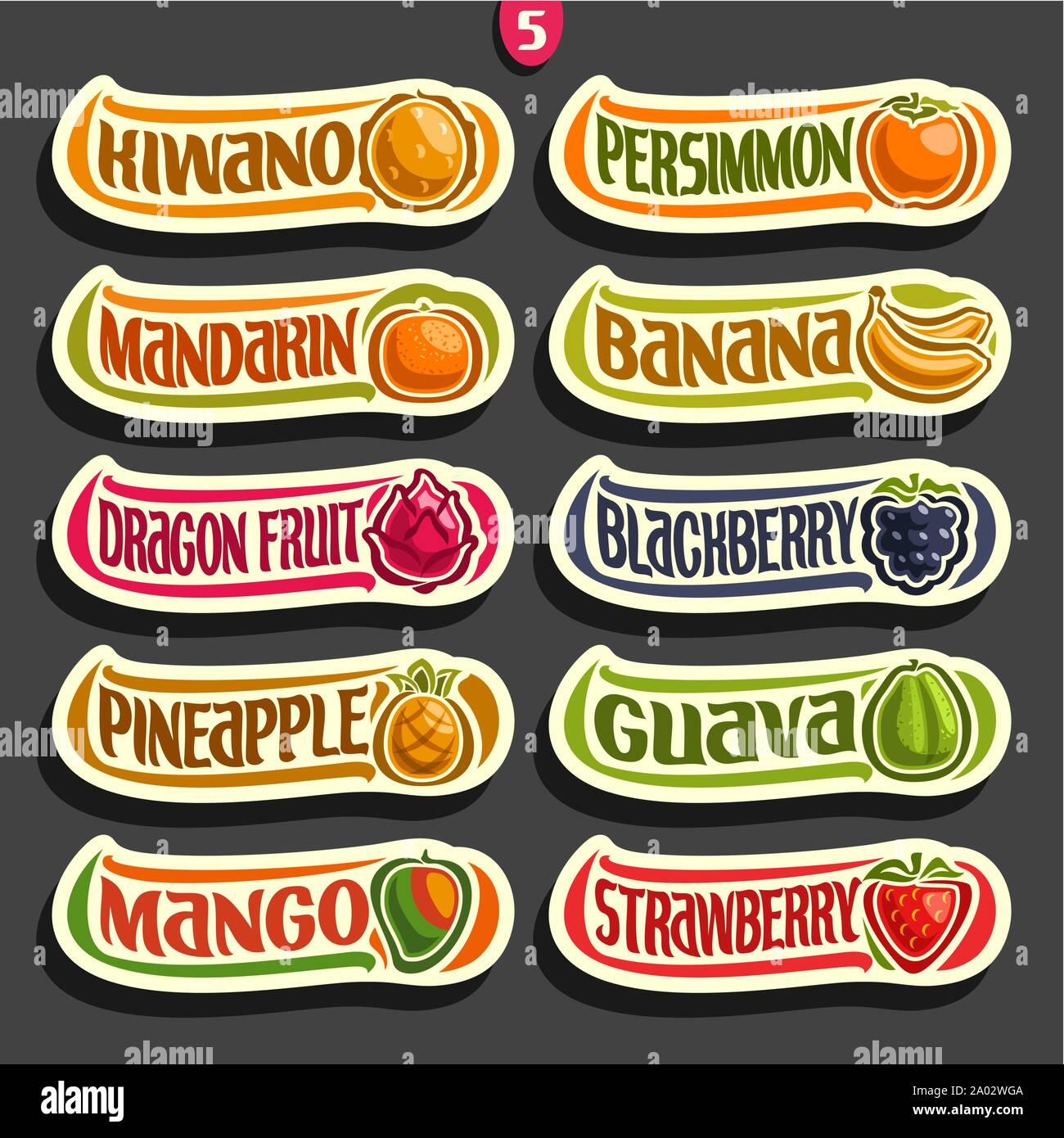 Vector Set of colorful Fruits and Berries Labels: collection of exsotic ...