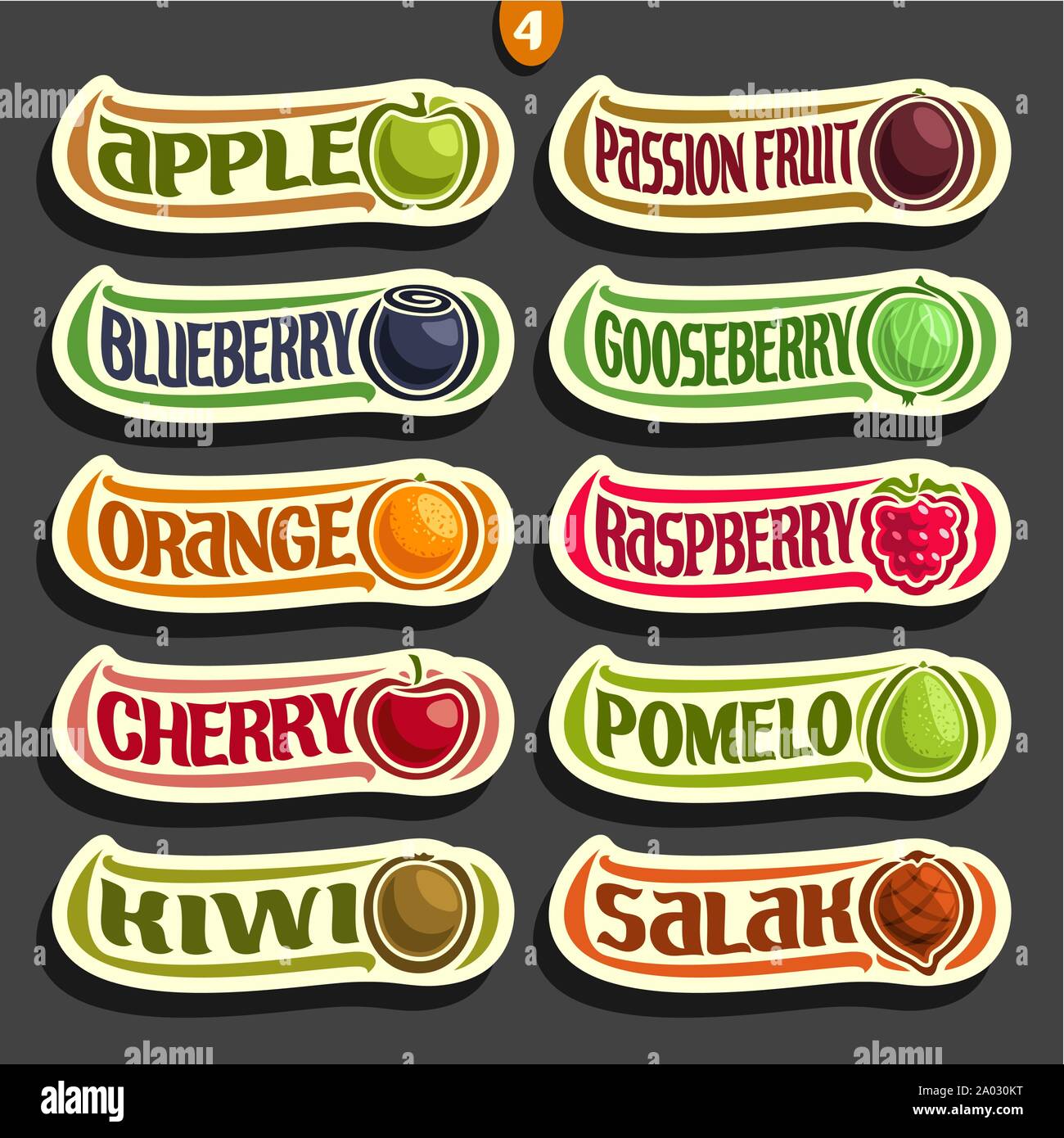 Vector Set of colorful Fruits and Berries Labels: collection of exsotic ...
