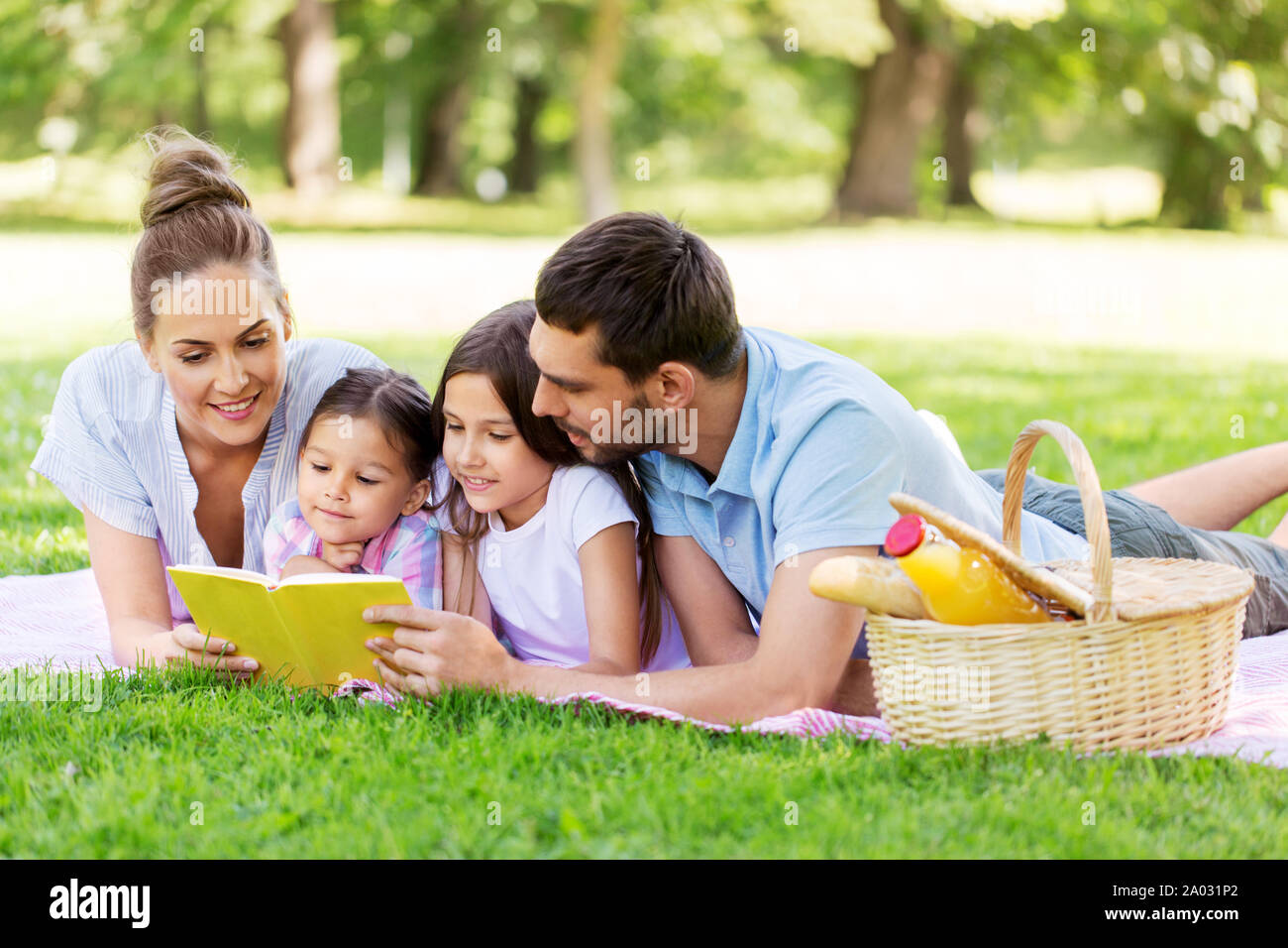 family reading book on picnic in summer park Stock Photo - Alamy