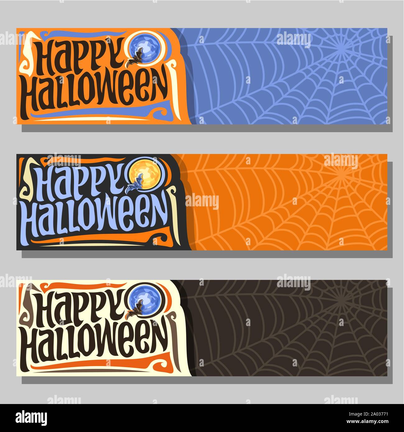 Vector banners for Halloween holiday: 3 web headers with flying bat on ...