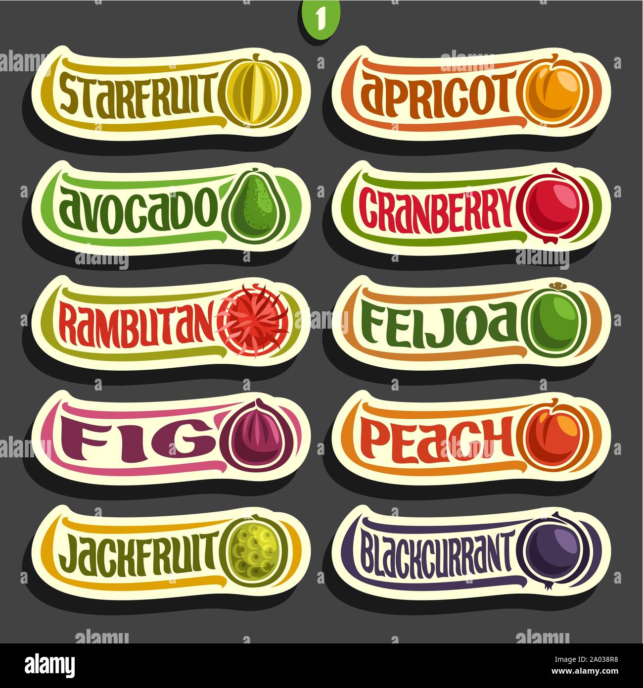Vector Set of colorful Fruits and Berries Labels: collection of exsotic ...