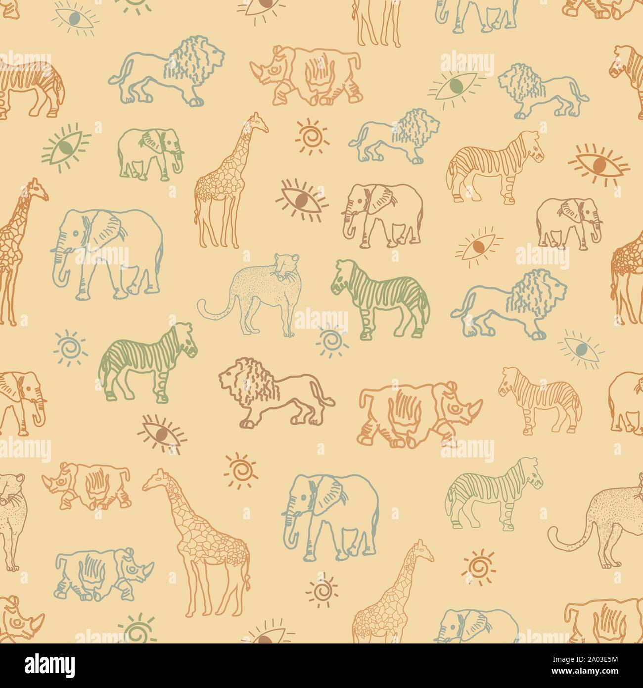 Cute hand drawn African animal safari seamless pattern background Stock ...