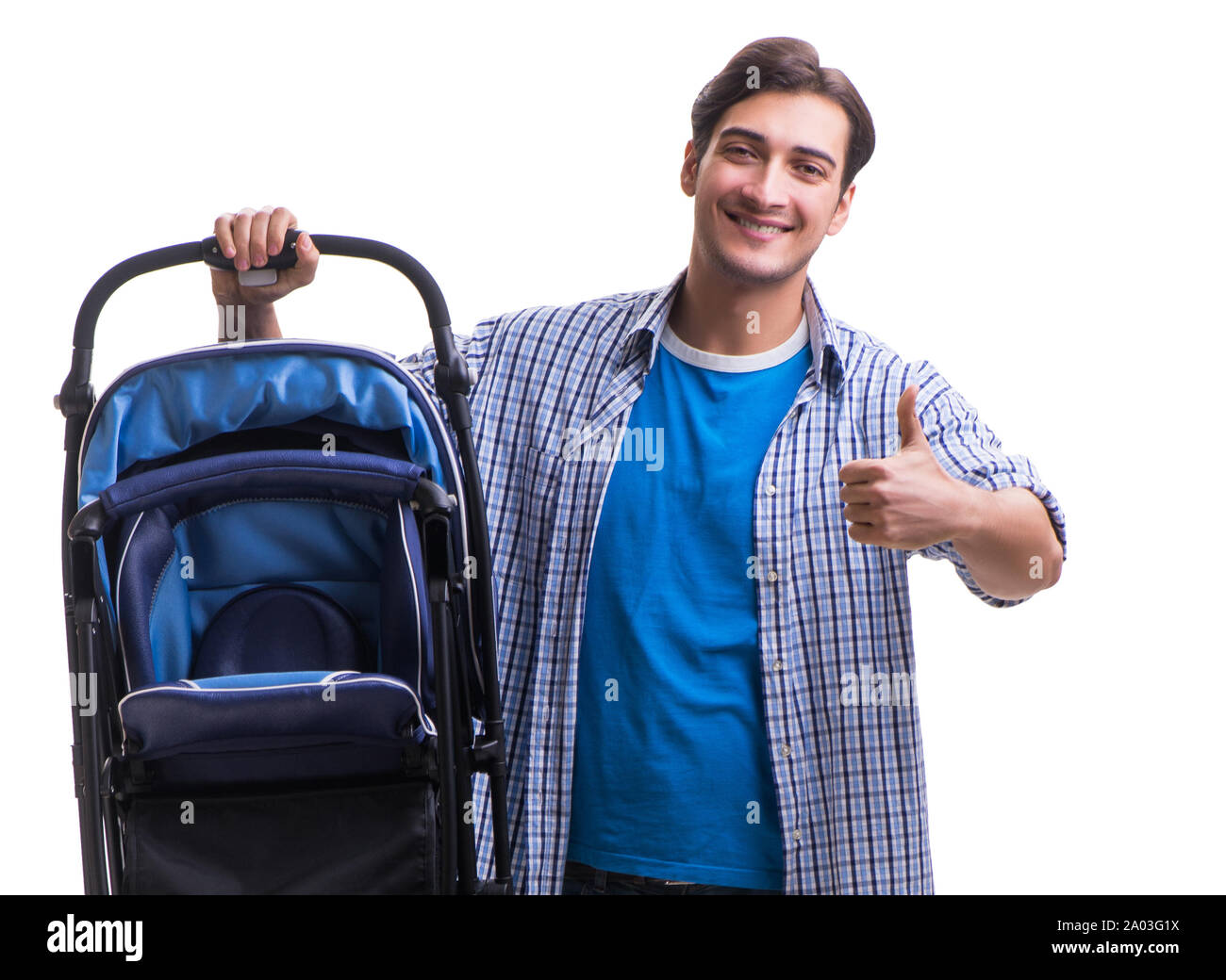 The young dad with child pram isolated on white Stock Photo - Alamy