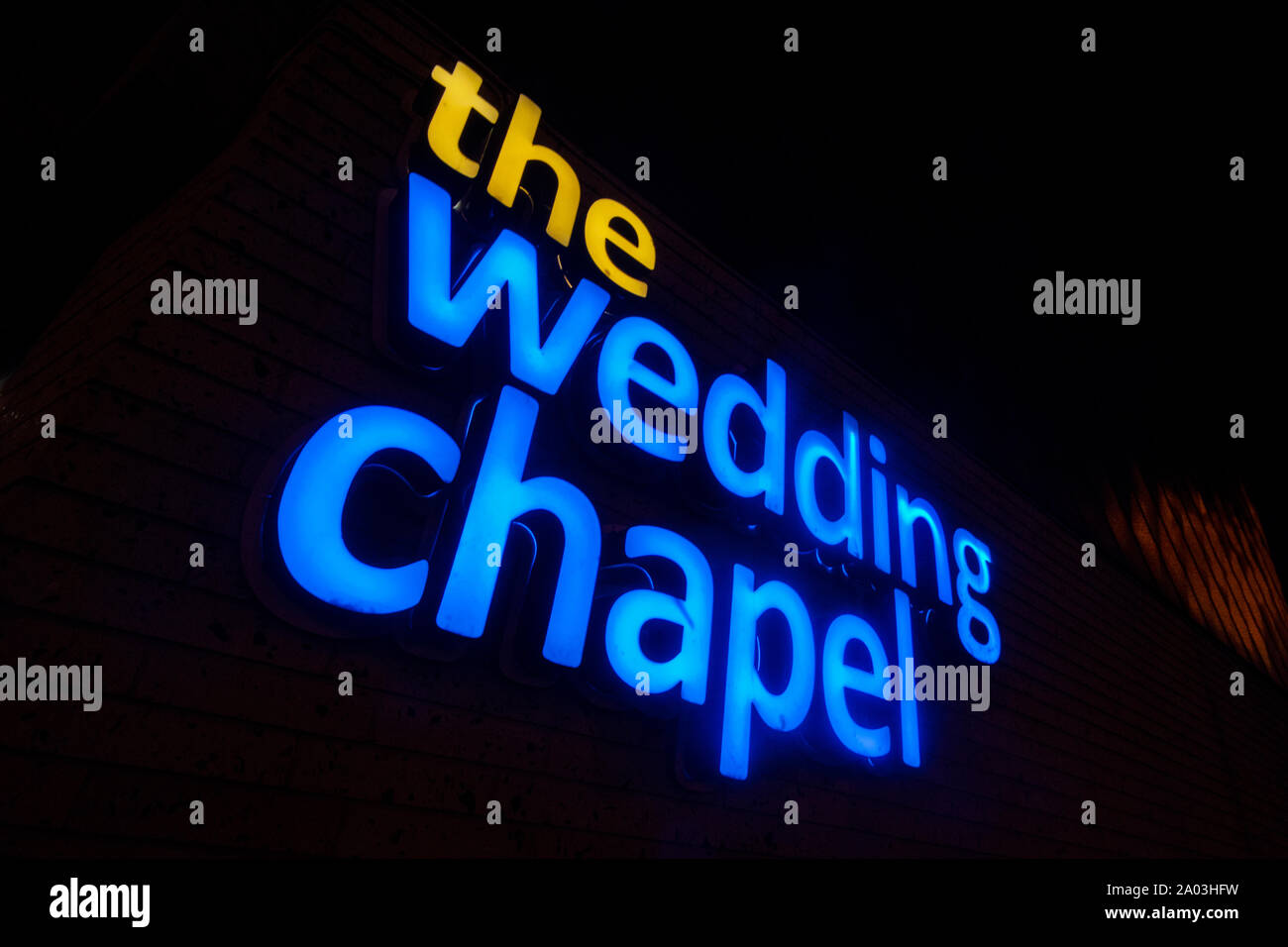 The Wedding Chapel illuminated sign in Blackpool, a coastal holiday ...