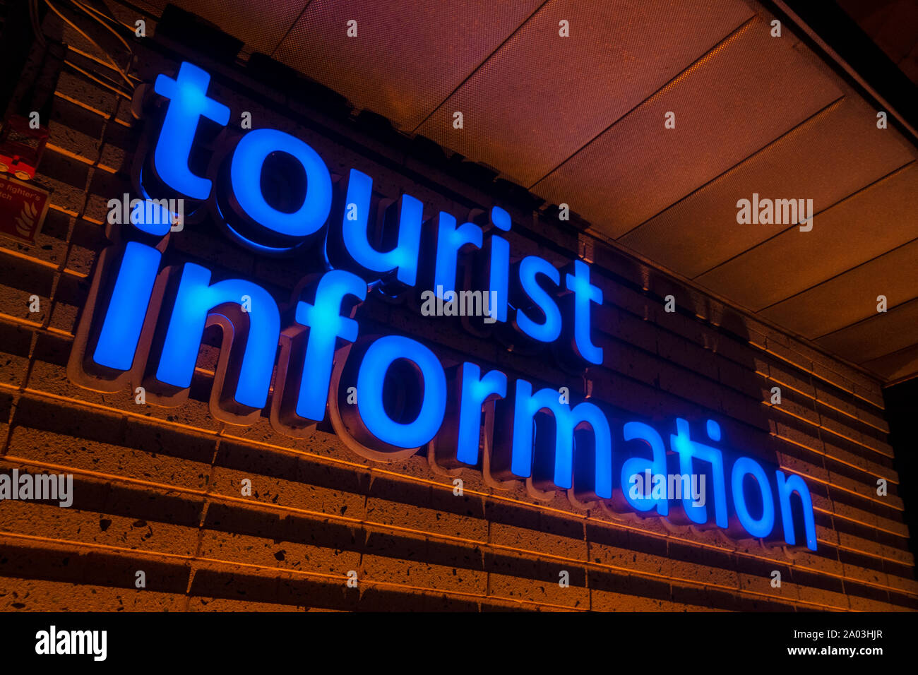 Tourist Information sign illuminated in Blackpool, a coastal holiday ...