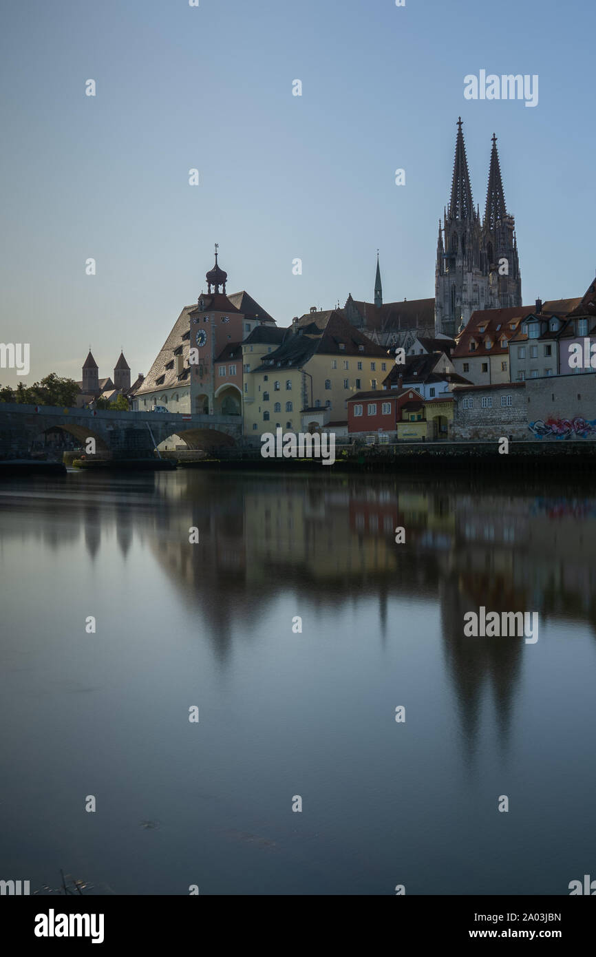 Regensburg panorama, stone bridge and dom, unesco world heritage site ...