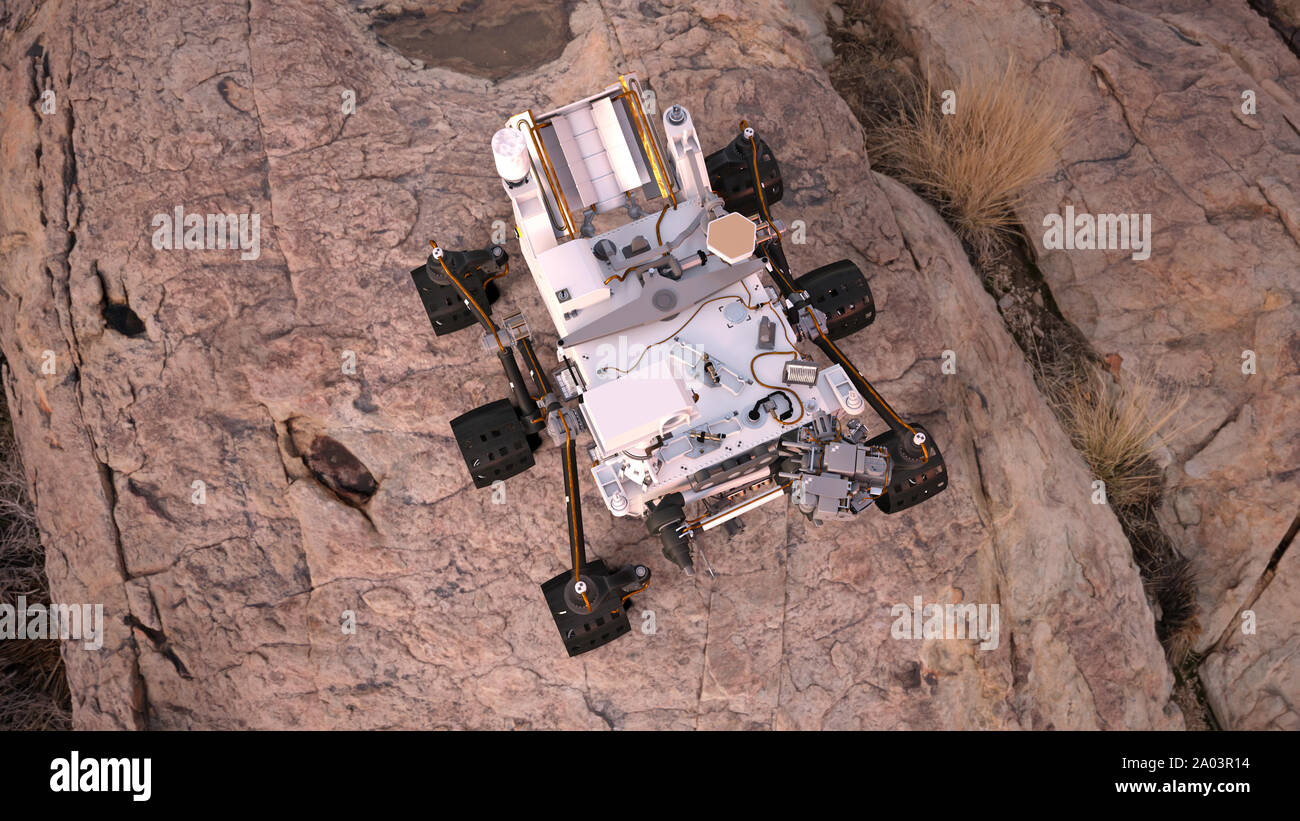 Mars Rover, robotic space autonomous vehicle on a deserted planet, top ...