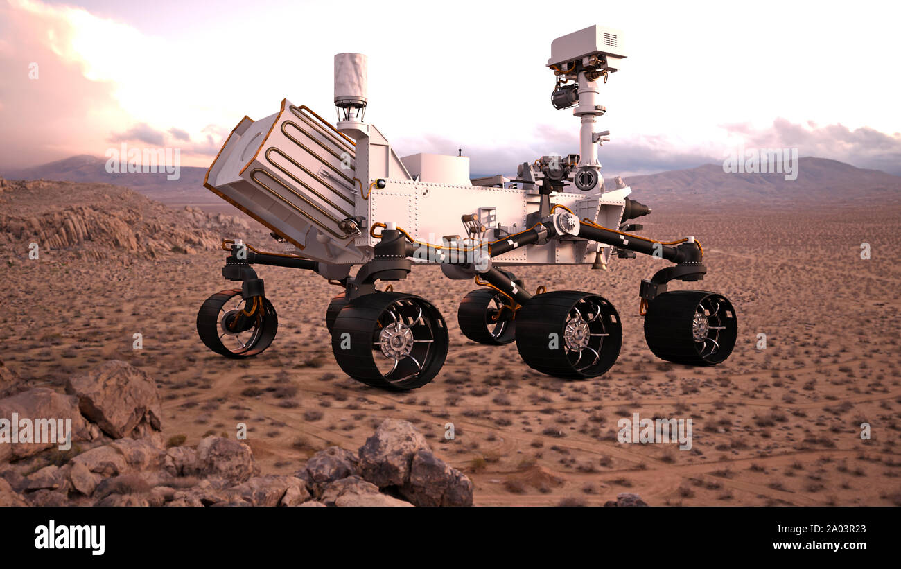 Mars Rover, robotic space autonomous vehicle on a deserted planet, rear ...