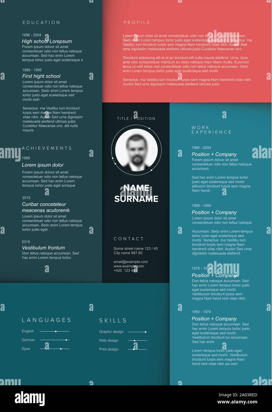 Vector dark minimalist cv / resume template with color blocks design ...
