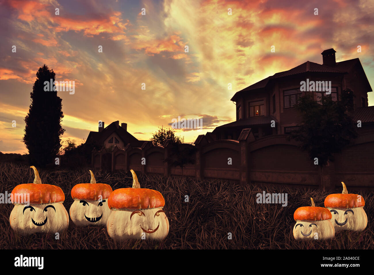 Spooky Halloween pumpkins gather in the grass, background with house ...