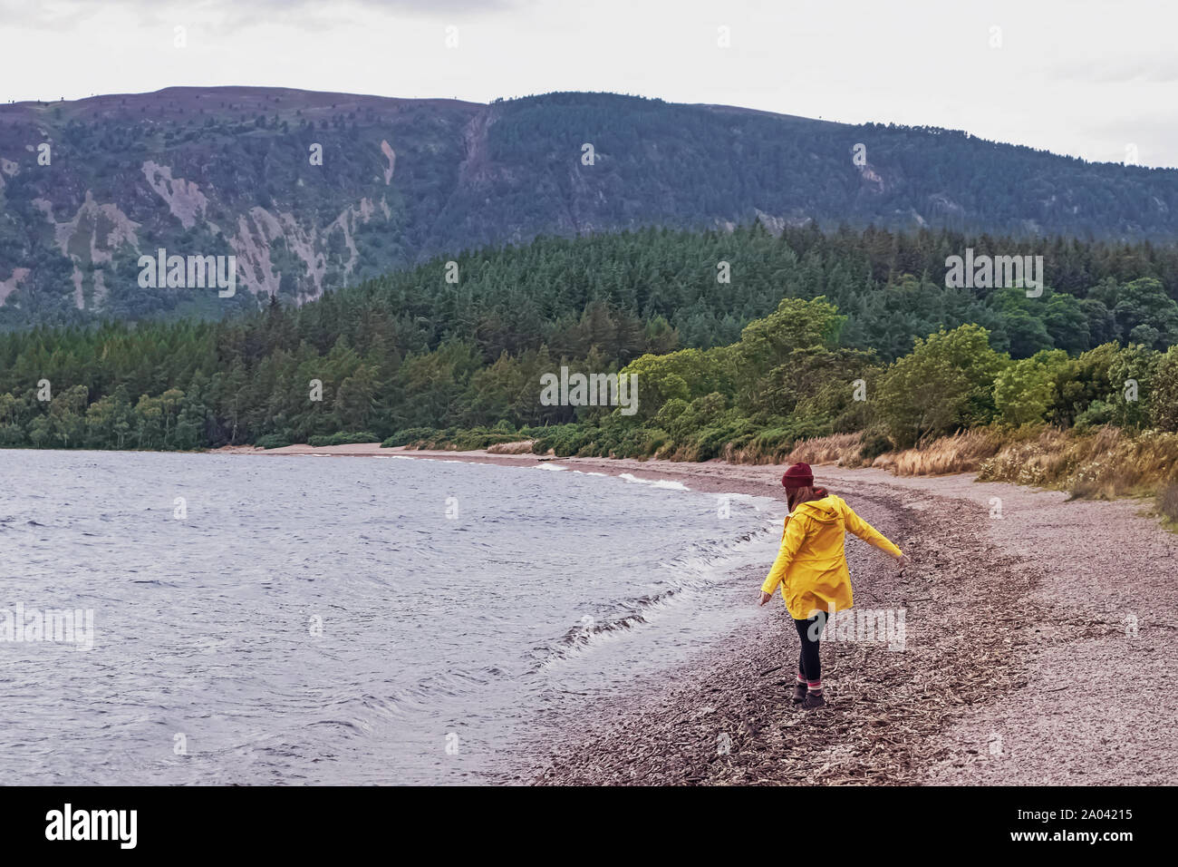 Woman in yellow raicoat walking near the lake Stock Photo - Alamy
