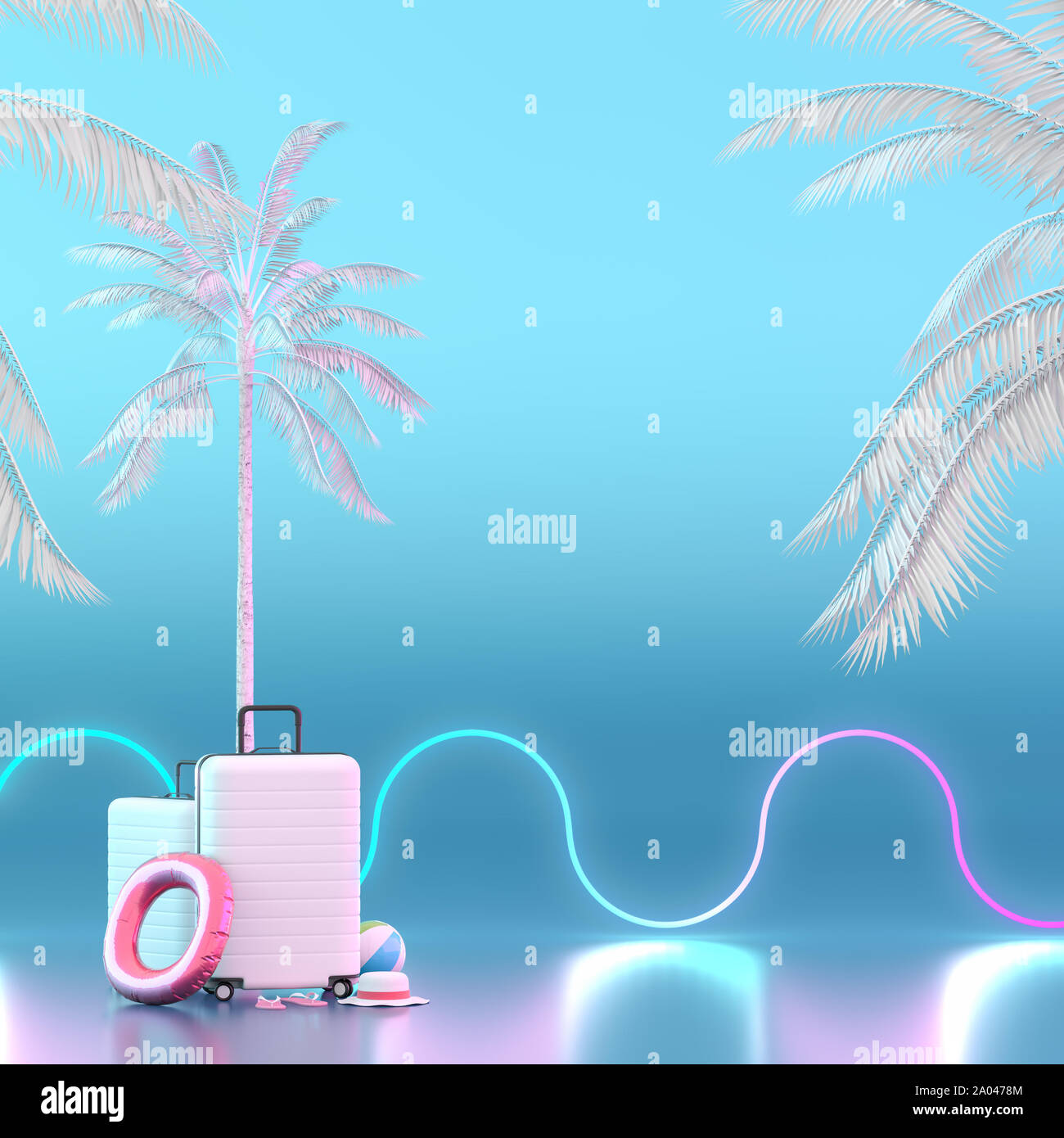 White suitcase with palm trees on neon illuminated background. Mock up ...