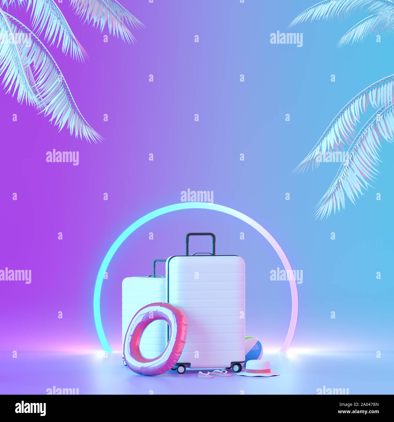 White suitcase with palm trees on neon illuminated background. Mock up ...
