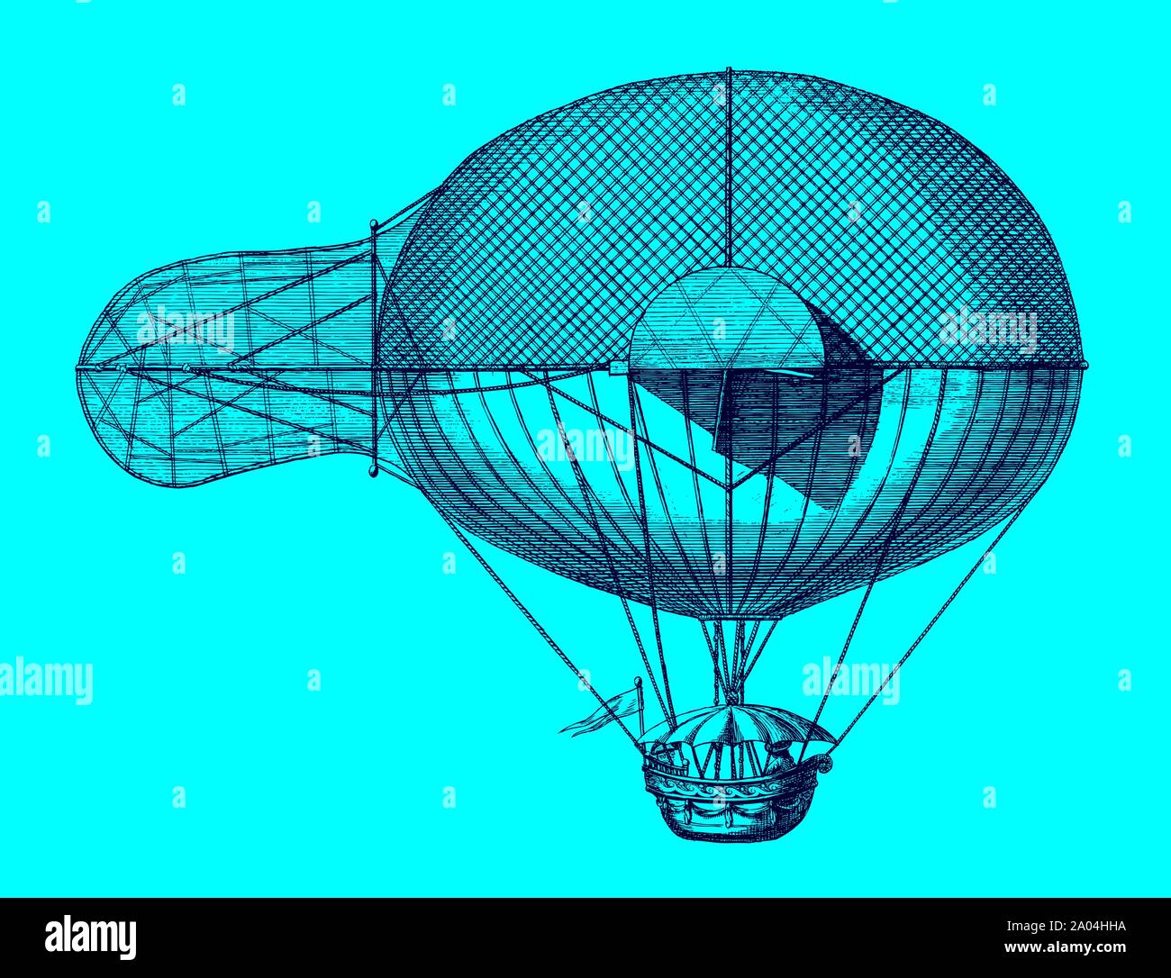 Historic aerostat balloon with navigation devices in front of a blue ...