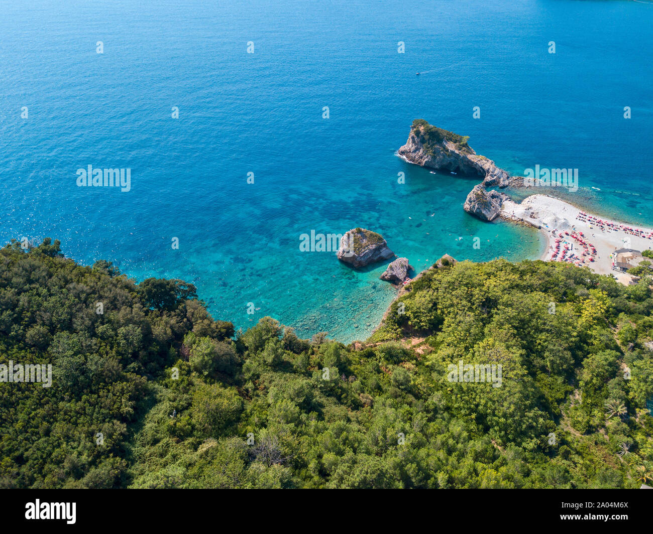 Aerial view of Sveti Nikola, Budva island, Montenegro. Hawaii beach ...