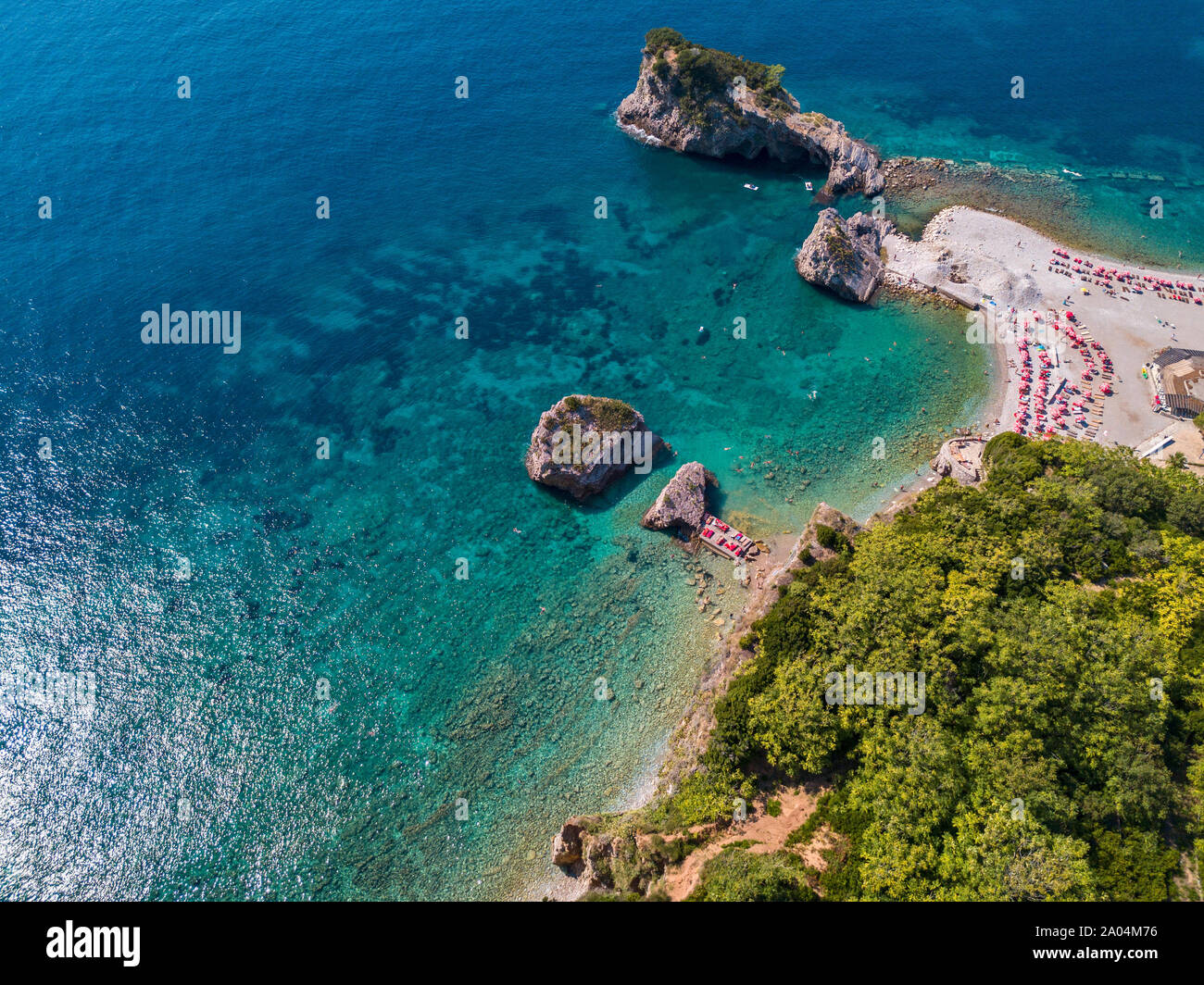 Aerial view of Sveti Nikola, Budva island, Montenegro. Hawaii beach ...