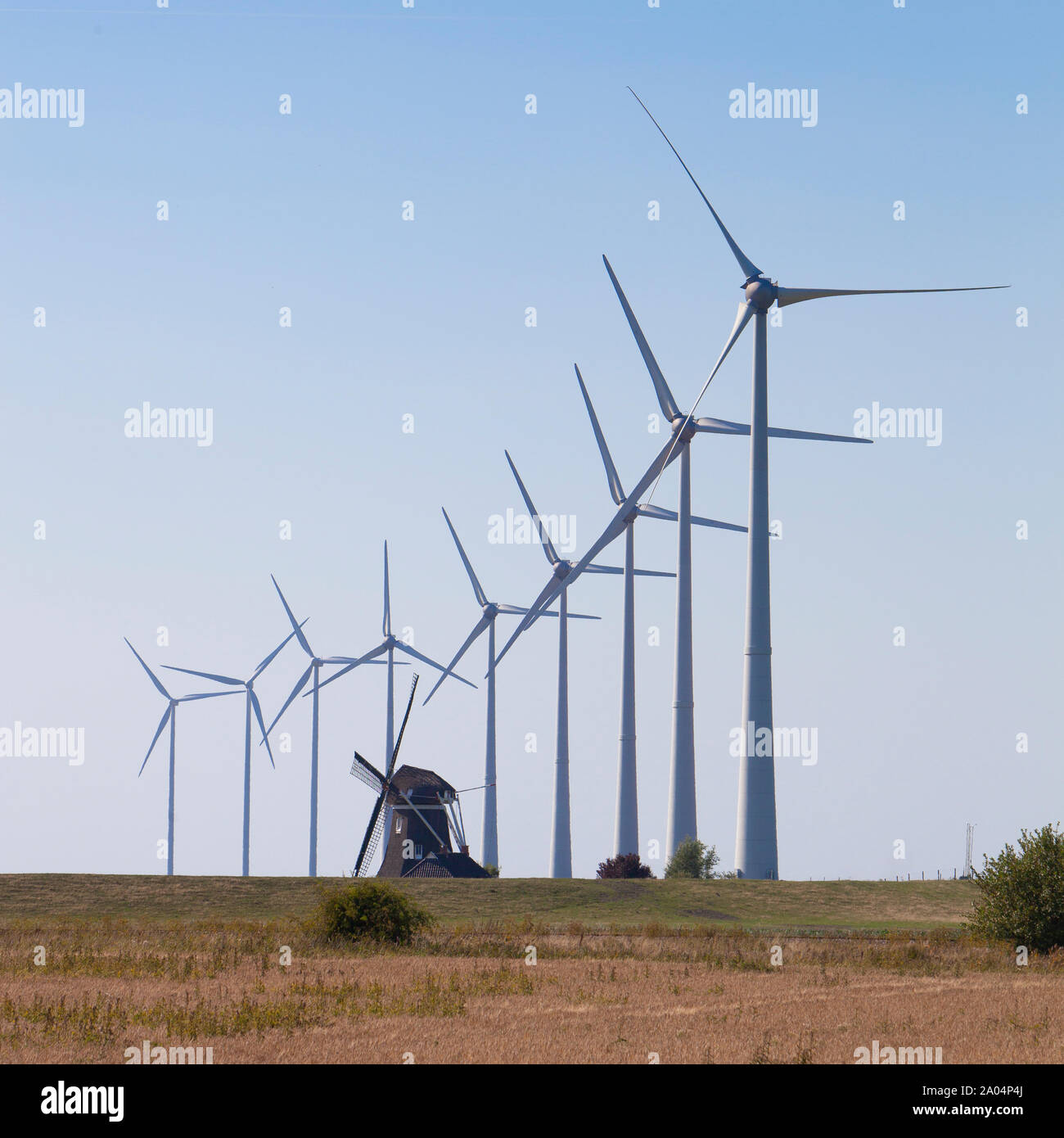 old dutch windmill and modern wind turbines against blue sky in dutch ...