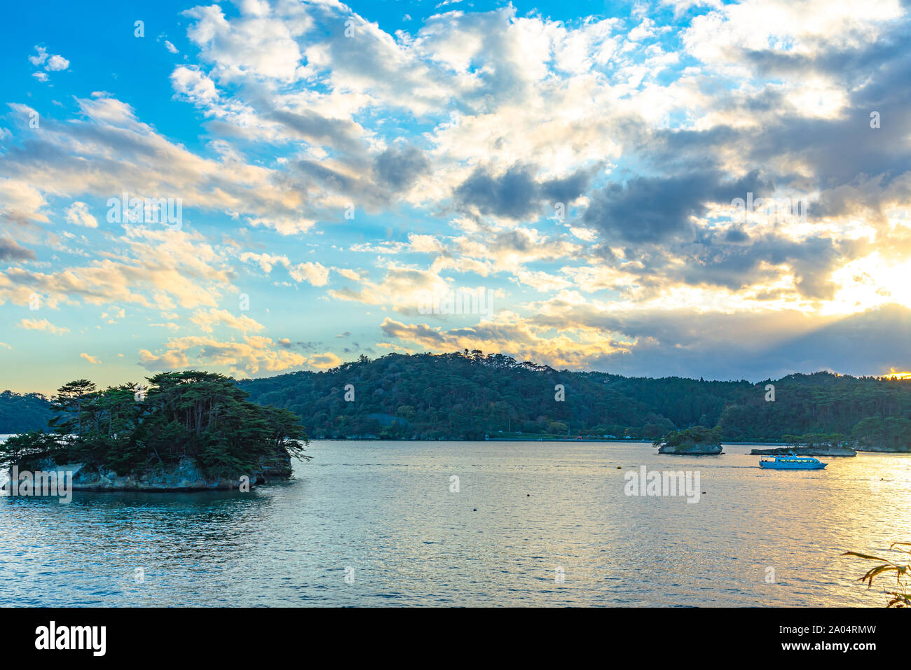 Matsushima Bay in dusk, beautiful islands covered with pine trees and ...