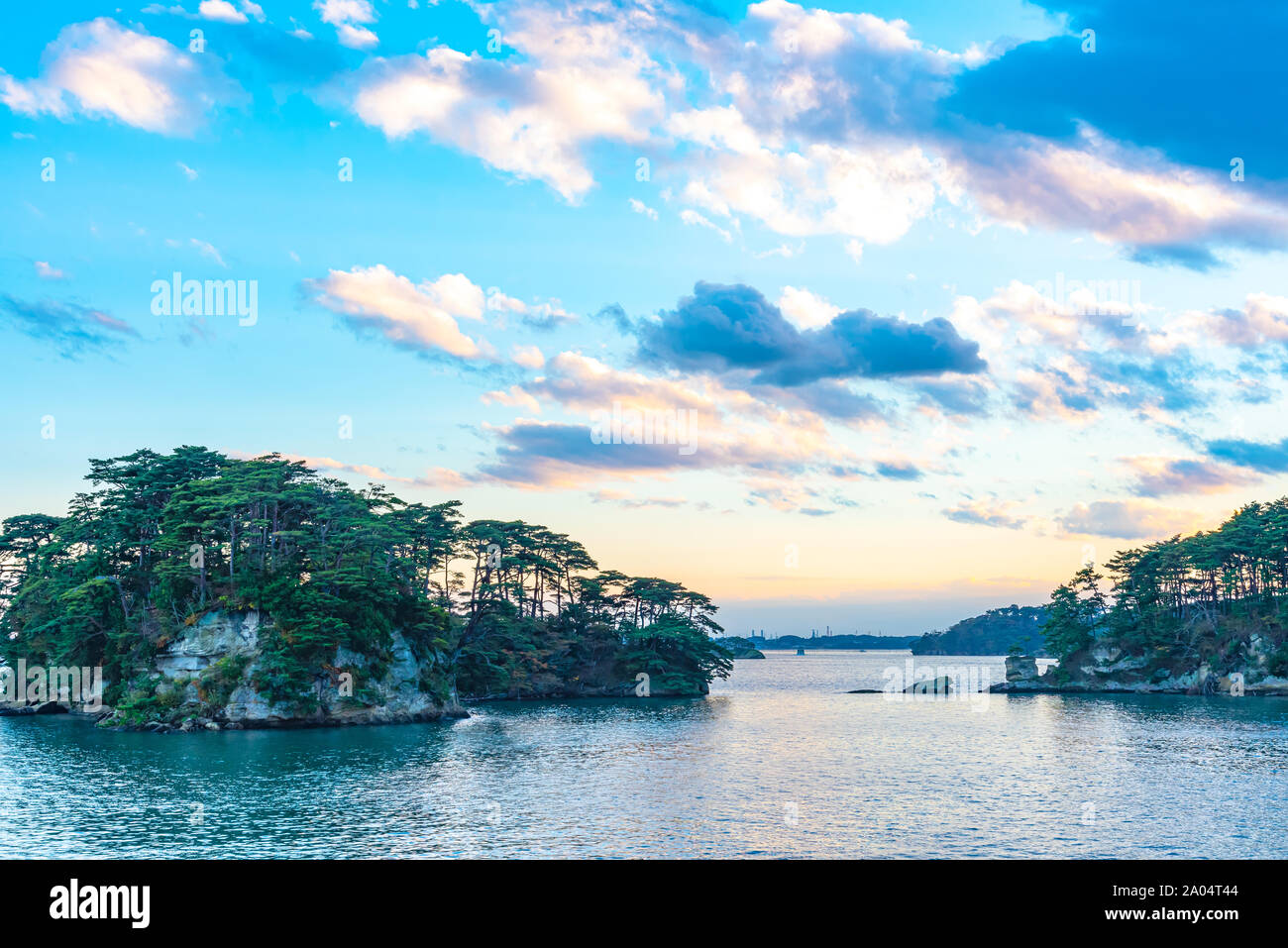 Matsushima Bay in dusk, beautiful islands covered with pine trees and ...