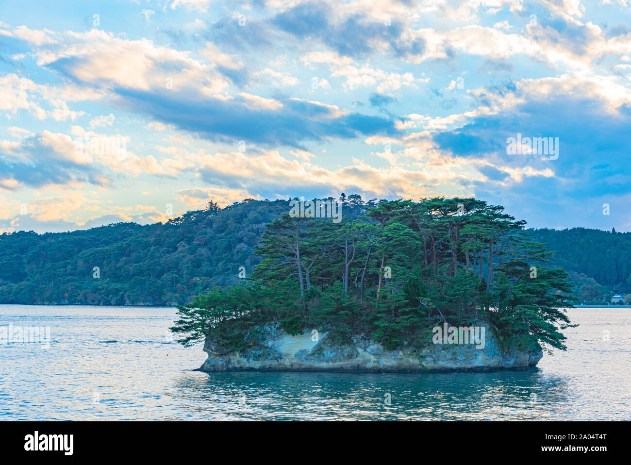 Matsushima Bay in dusk, beautiful islands covered with pine trees and ...