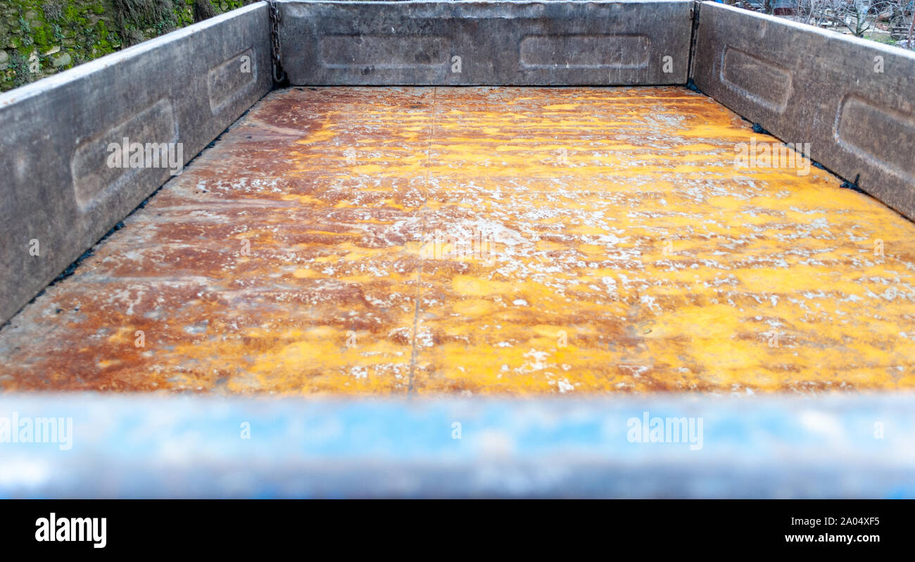 Empty Tractor trailer. Empty trailer standing on a stubble field in the ...