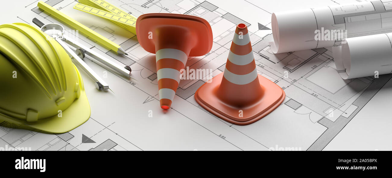 Construction and safety concept. Building project blueprint plans ...