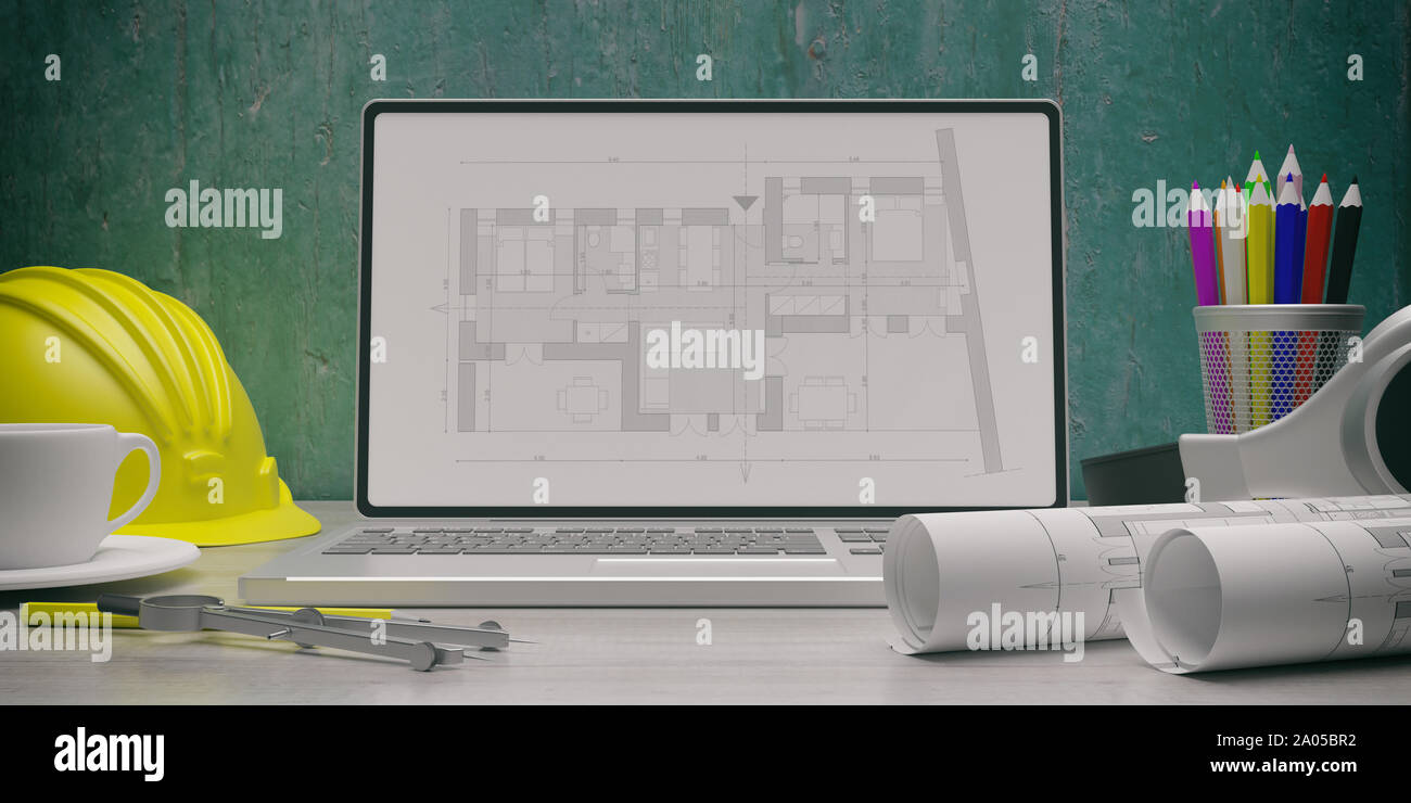 Construction concept. Building blueprint plan on a computer screen ...