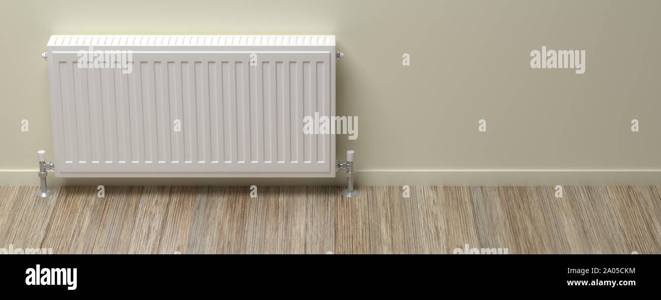 Radiator, room interior, wood floor, painted wall, banner, copy space ...
