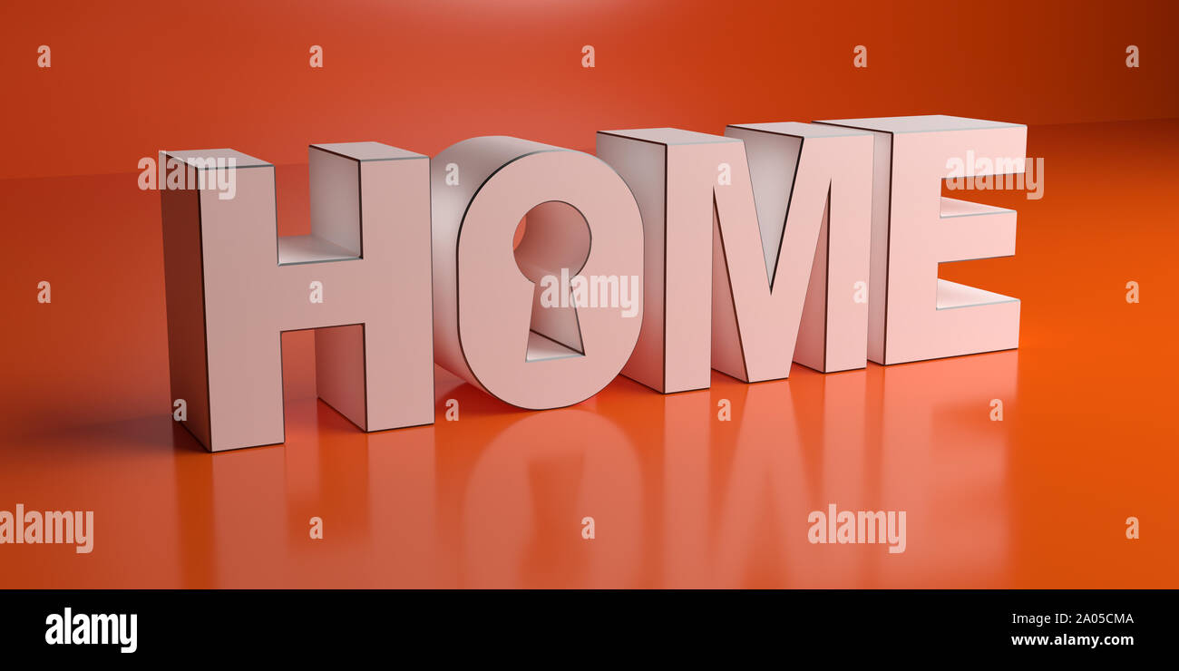 Home key concept. HOME text white letters and keyhole against orange ...
