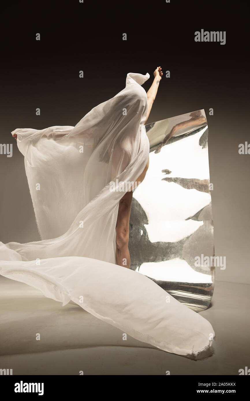 Young and stylish modern ballet dancer on brown background with mirror ...