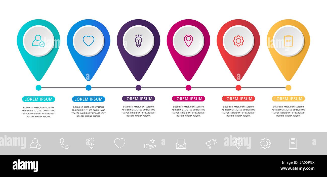 Vector modern infographic flat template pin for six paper label ...