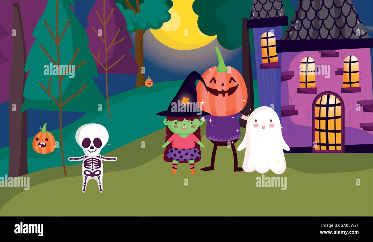 skeleton witch ghost and pumpkin costume trick or treat - happy ...