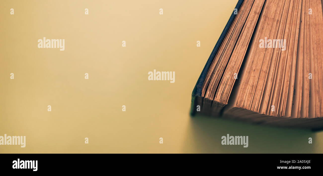 Close up Beautiful open old book top view on a yellow background table ...