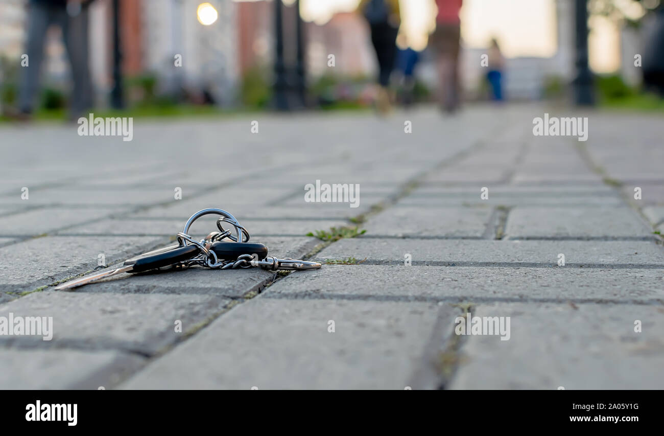 The lost bunch of keys, lies on the asphalted sidewalk of a footpath in ...