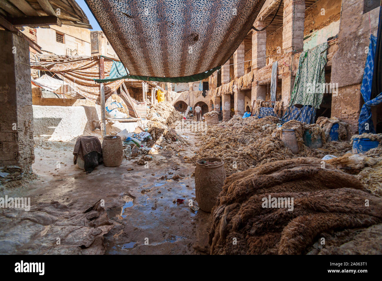 Small traditional leather tannery Sidi Moussa in ancient medina of Fes ...