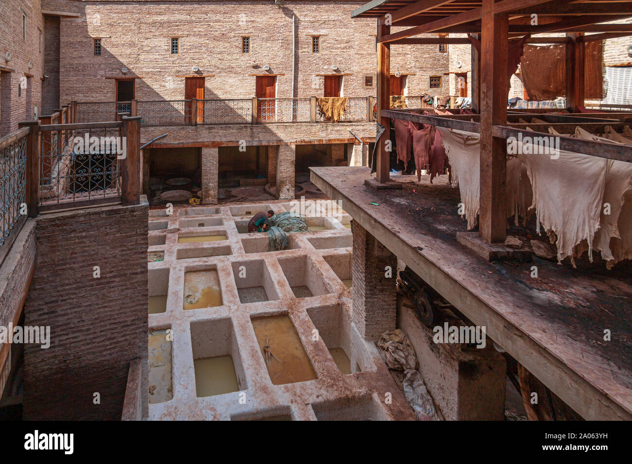 Small traditional leather tannery Sidi Moussa in ancient medina of Fes ...