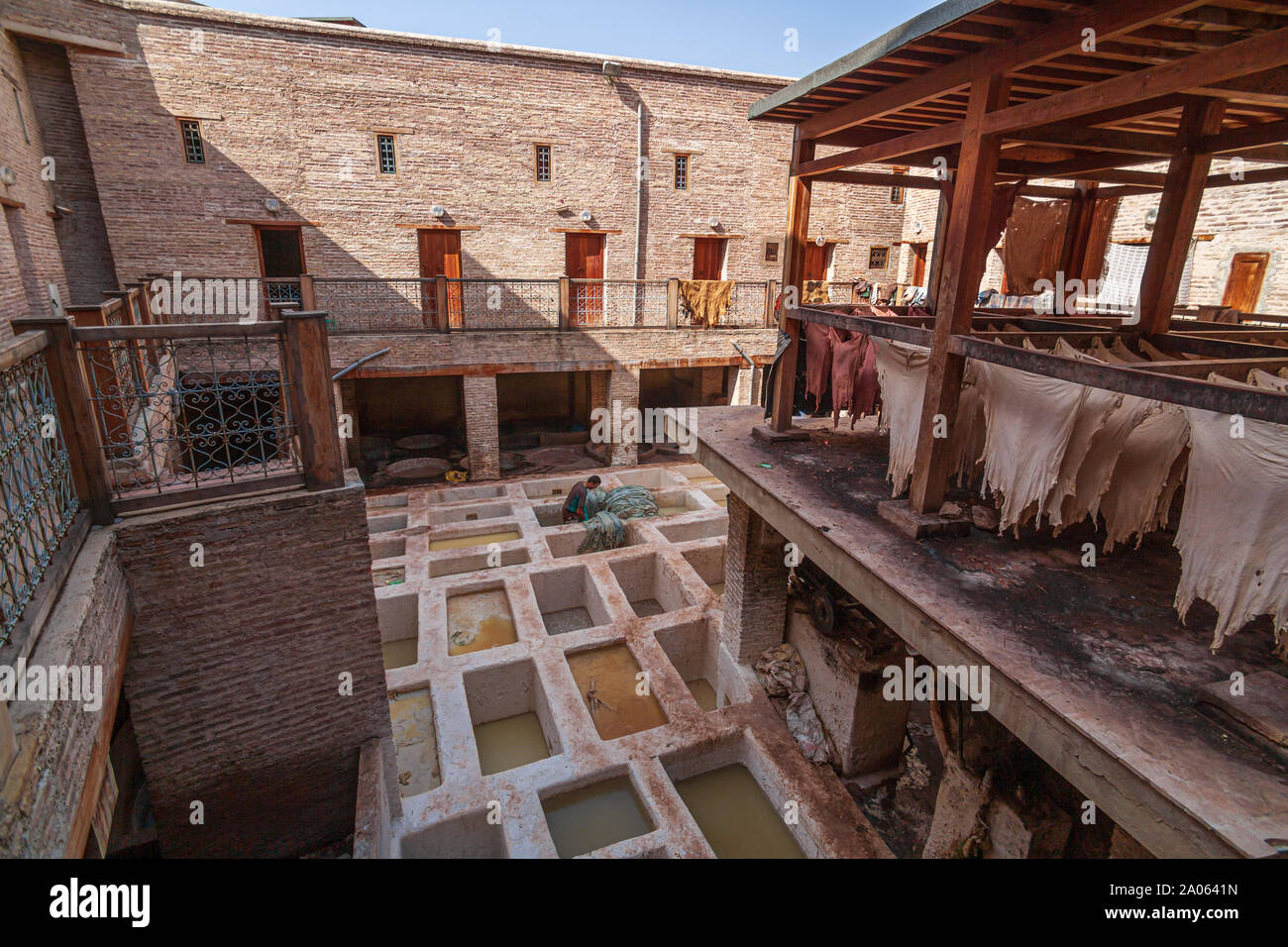 Small traditional leather tannery Sidi Moussa in ancient medina of Fes ...
