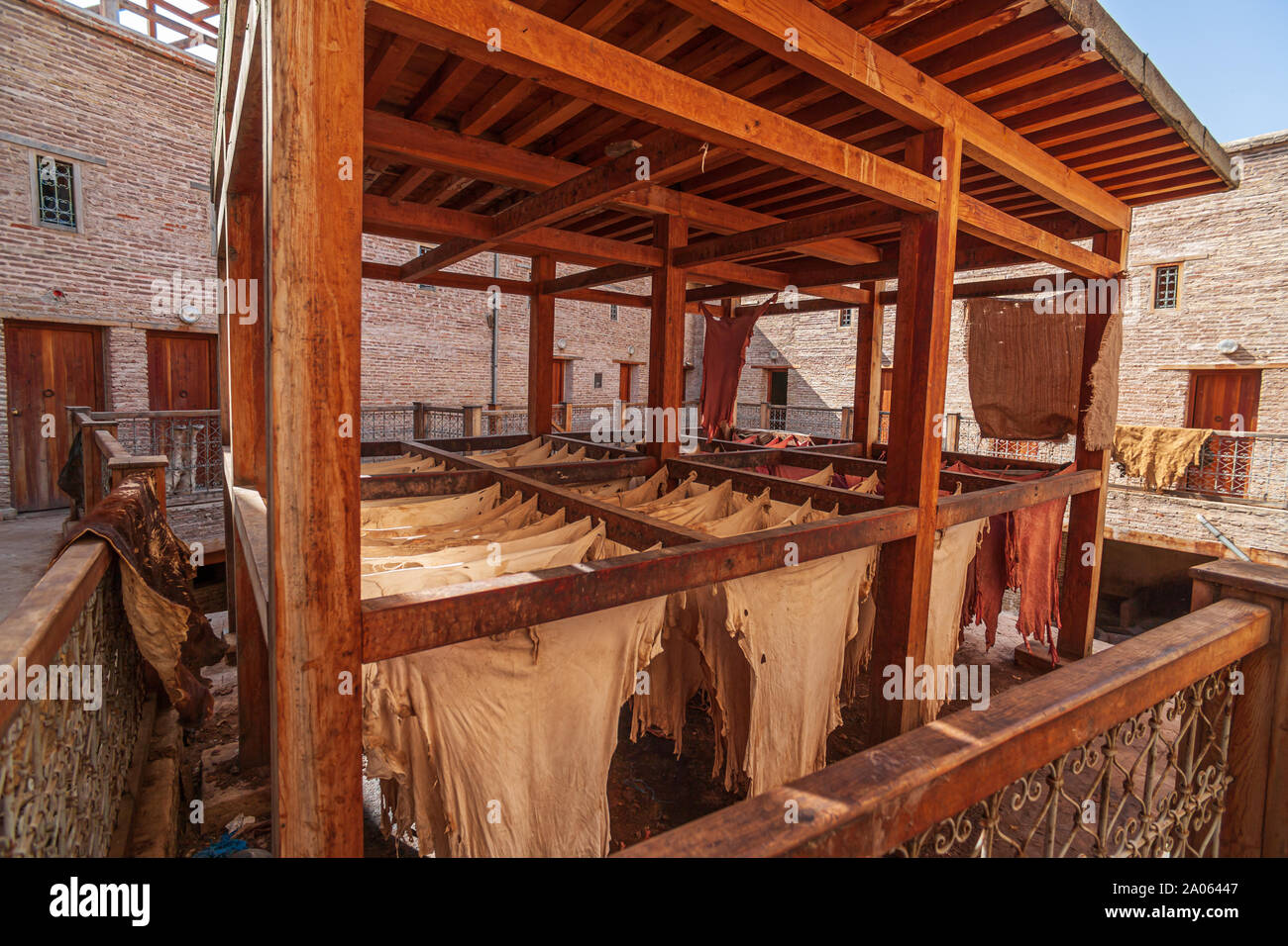 Small traditional leather tannery Sidi Moussa in ancient medina of Fes ...
