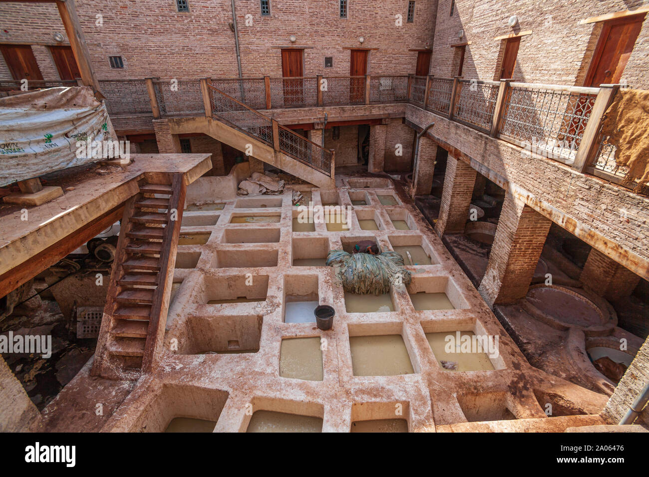 Small traditional leather tannery Sidi Moussa in ancient medina of Fes ...