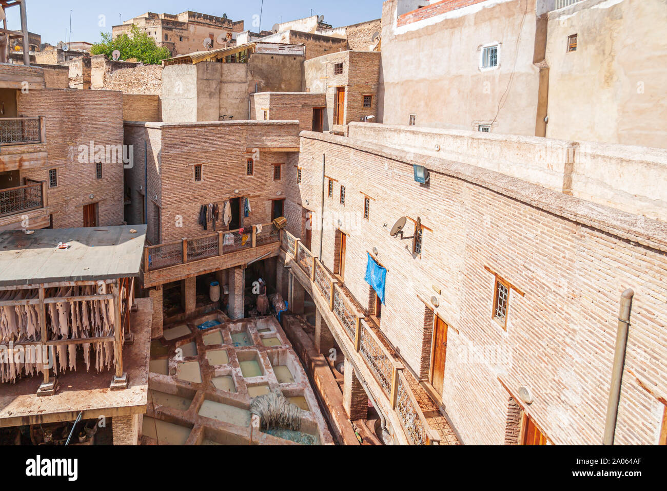 Small traditional leather tannery Sidi Moussa in ancient medina of Fes ...