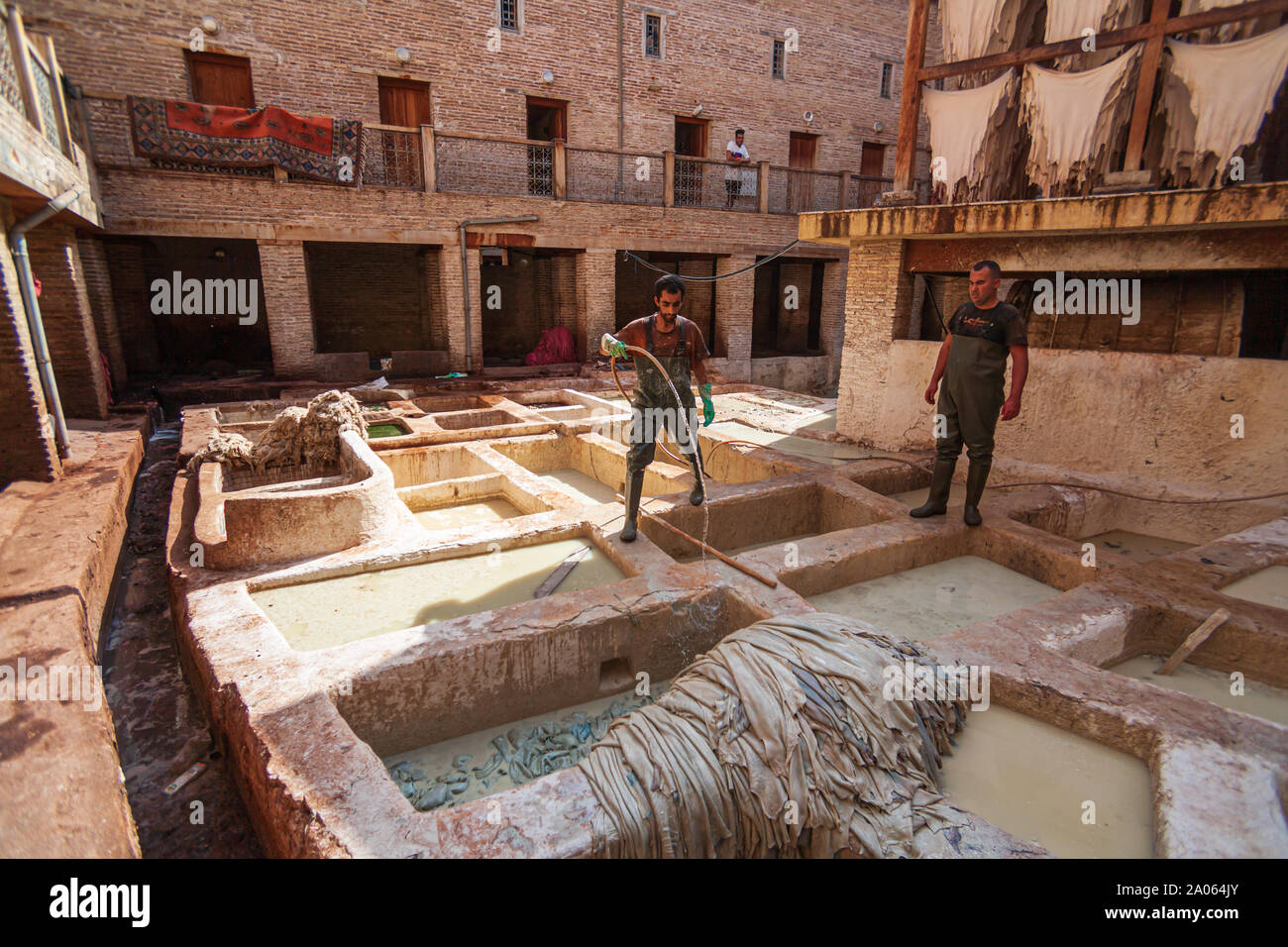 Small traditional leather tannery Sidi Moussa in ancient medina of Fes ...