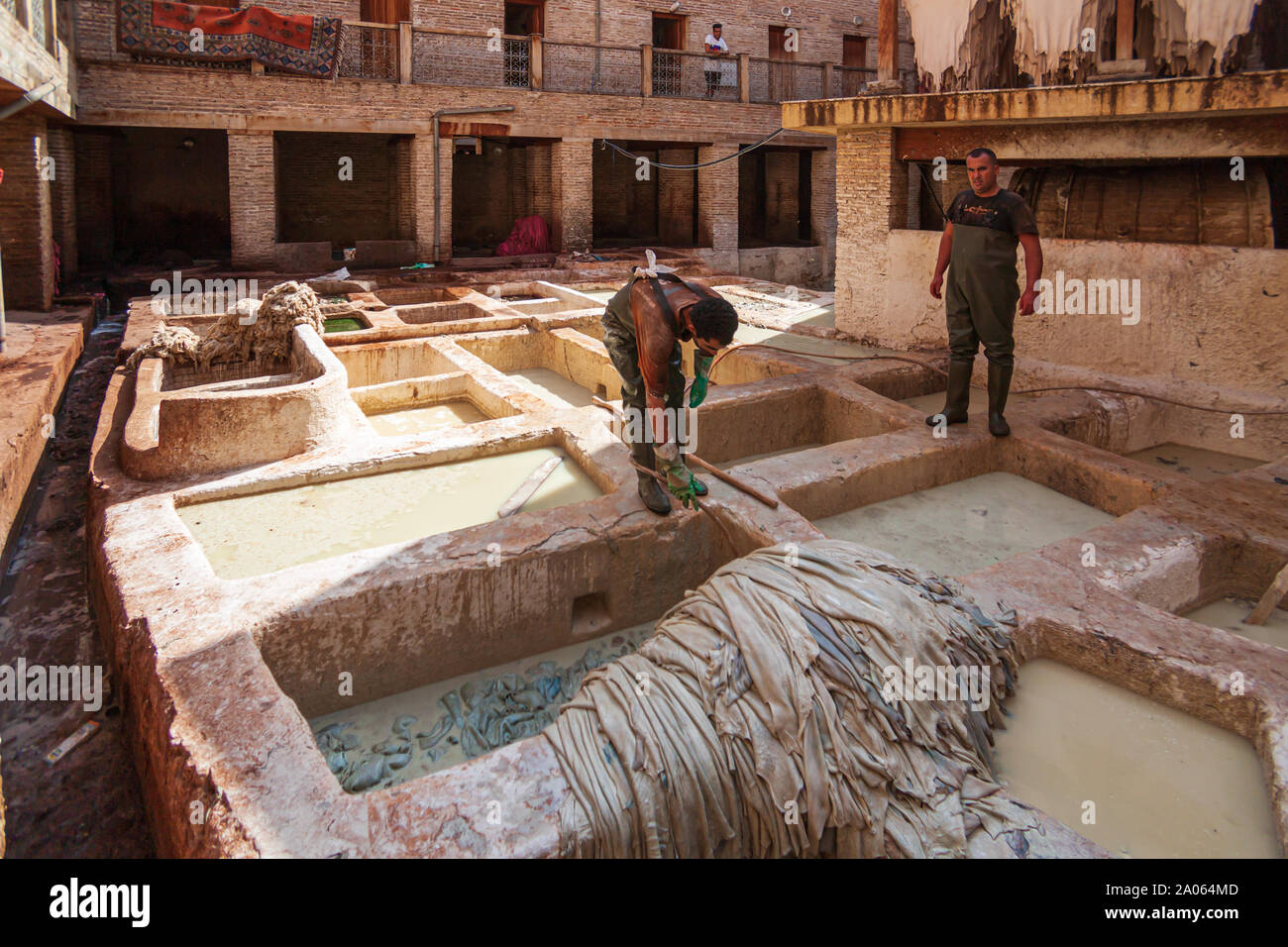 Small traditional leather tannery Sidi Moussa in ancient medina of Fes ...