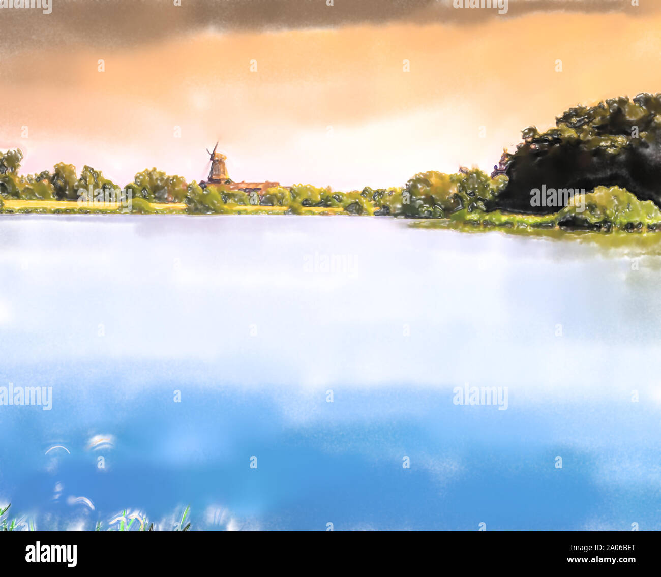 watercolor illustration: Pond area with open space, shore at the ...