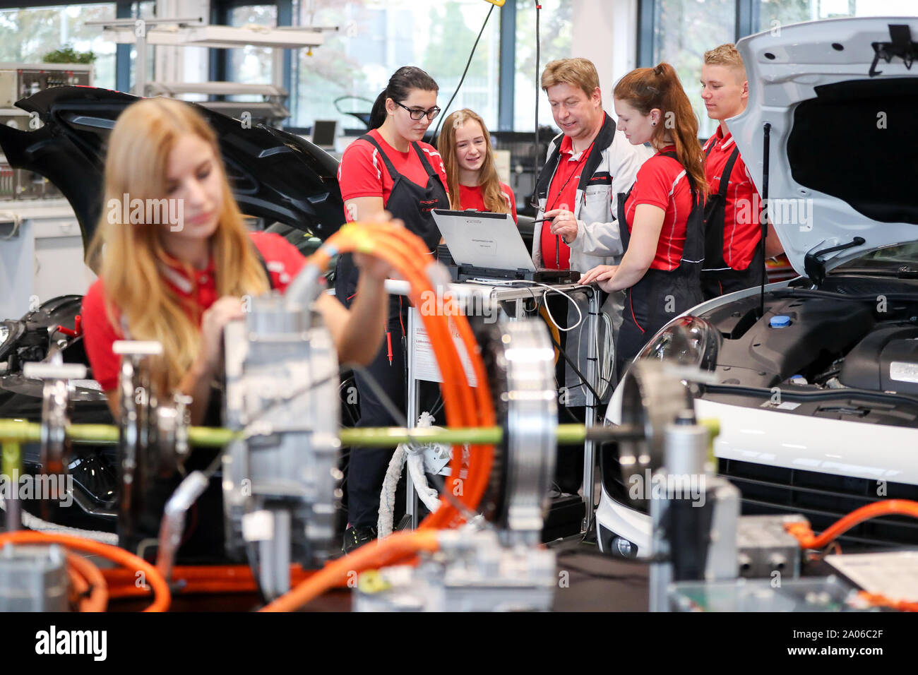 Car mechatronics technician explains on the computer the car diagnostic ...