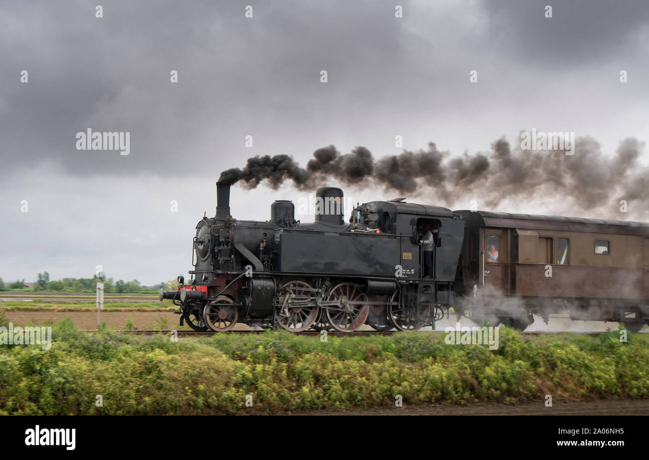 Vintage steam train with ancient locomotive and old carriages runs on ...