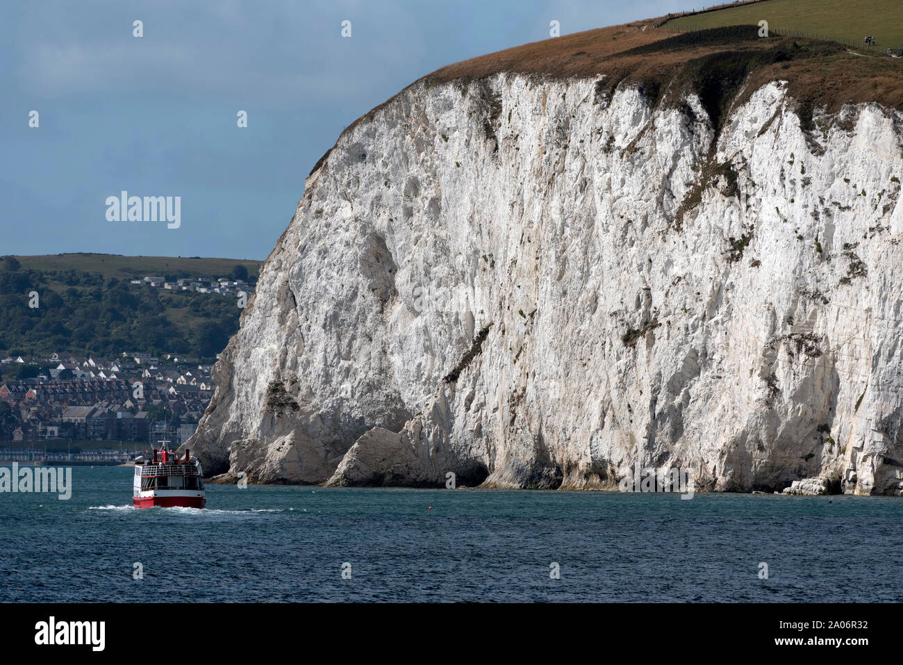 Swanage, Dorset, England, UK. September 2019. White chalk cliffs of the ...